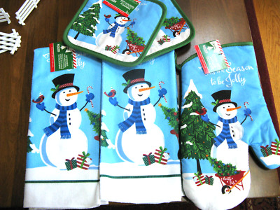 Holiday New 5 Pc Kitchen Set Frosty Snowman 2 Towels, Oven Mitt & 2 Pot ...