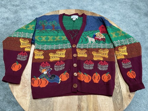 Vintage Sweater Loft Fall/Autumn Scene Cardigan ~Pumpkins ~Apples ...