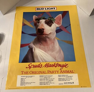Vintage 1986 Spuds Mackenzie The Original Party Animal Orig. Poster 22 ...