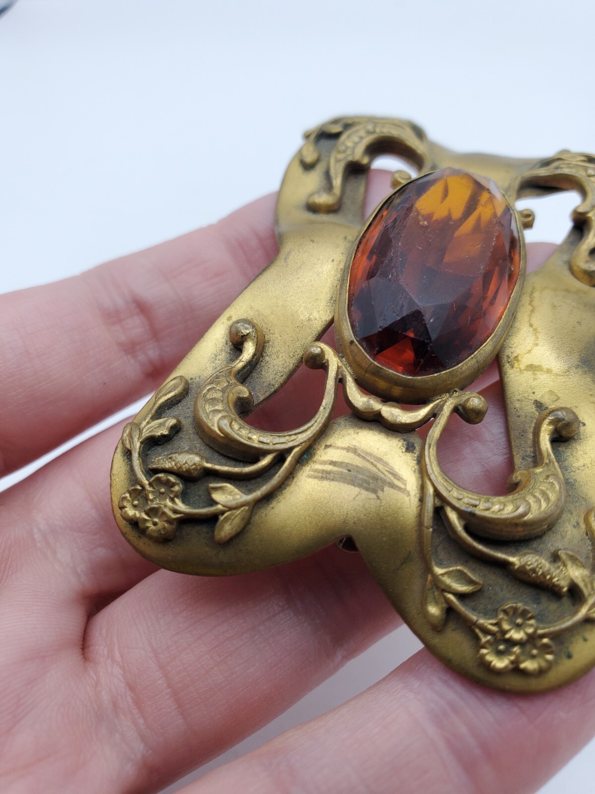 Antique Victorian Sash Pin Amber Glass Gold Tone Art … - Gem