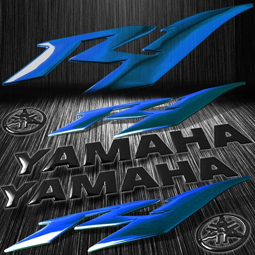 8" Black 3D Logo&Letter Decal+6" Blue R1 Fairing Emblem Sticker YZF-R1 ...