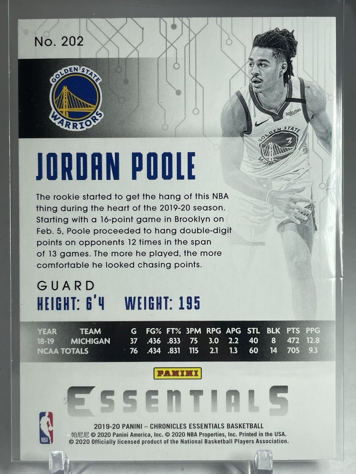 Jordan Poole Rookie Card 2019 Panini Essentials RC #202 Golden State ...