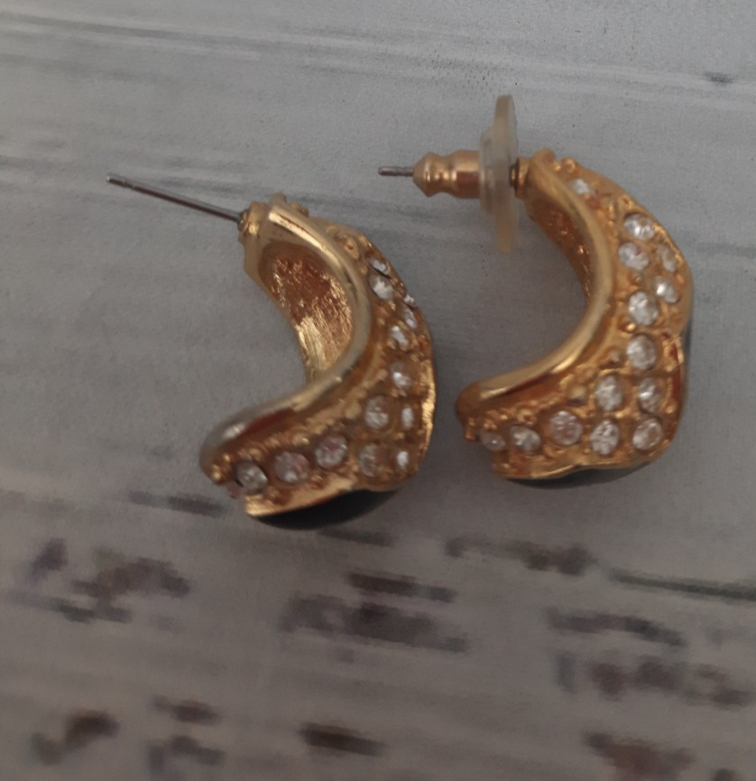 Earrings C-Hoop Black Enamel Gold Tone Pave Rhinestone Statement ...