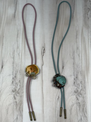 VTG Lot 2 Womens BOLO TIES Brooches Pink Enamel Handpainted Turquoise ...