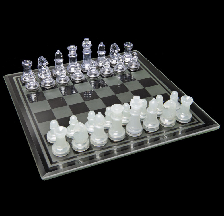 Classic Glass Chess Board Set Clear & Frosted Pieces Game Gift Boxed 10 ...