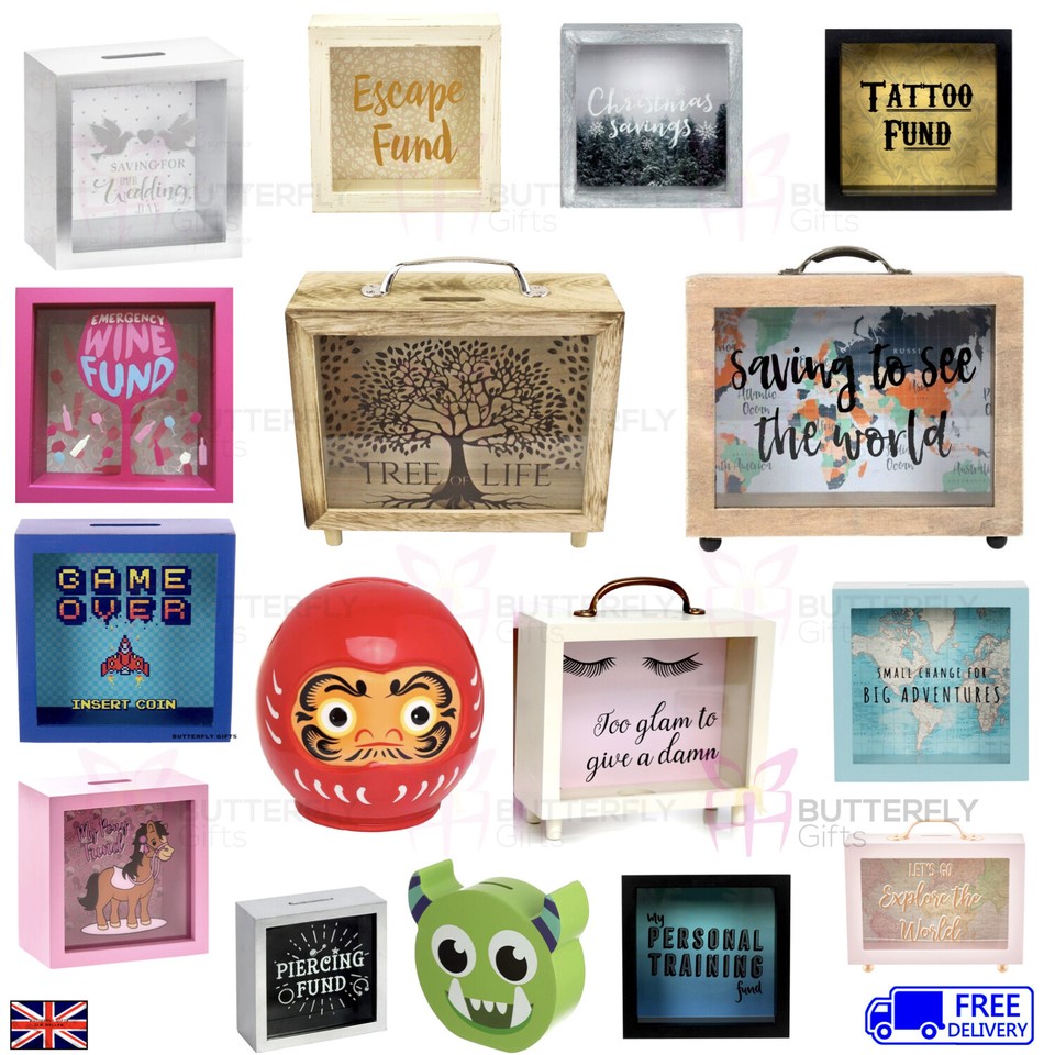 Wooden Money Box Frame Glass Coins Notes Savings Piggy Bank Ceramic ...