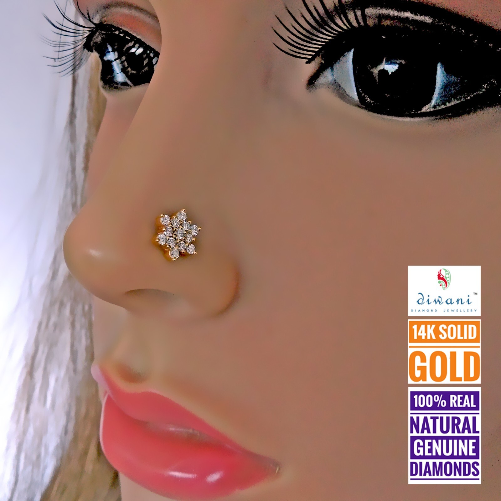 13 pcs Natural VVS Diamonds 8.0mm Flower Nose Pin Lip Labret Screw Ring ...