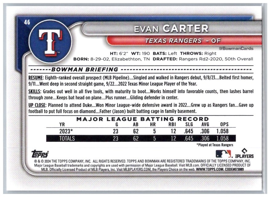 #46 Evan Carter Texas Rangers 2024 Bowman RC | eBay