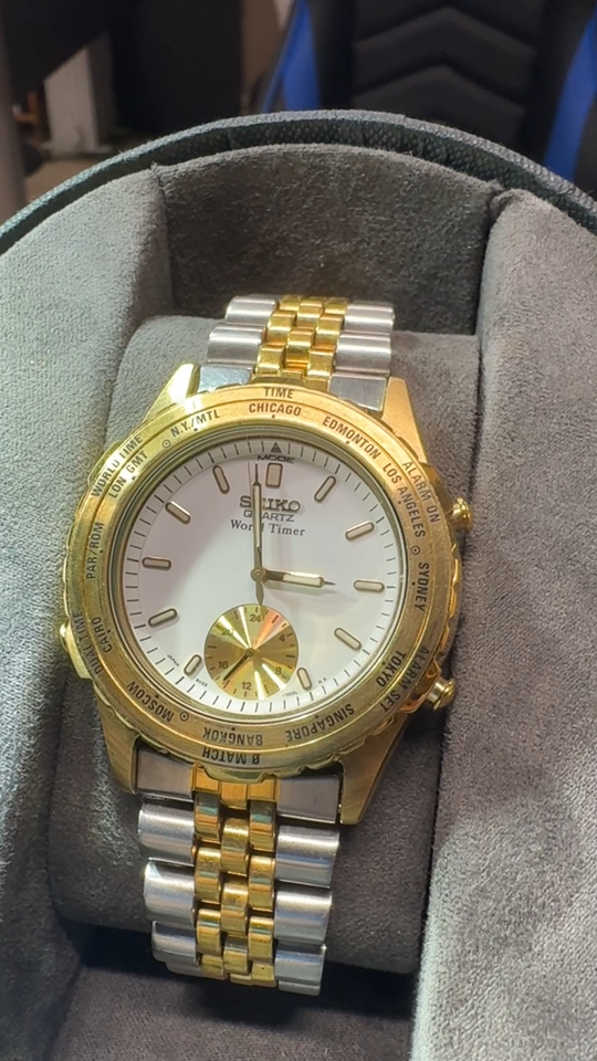 Mens Seiko Watch World Timer Quartz Japan Gold Stainless Bracelet ...
