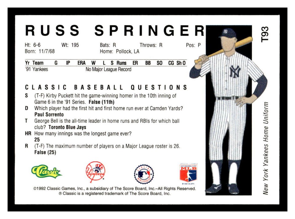 1992 Classic II #T93 Russ Springer - New York Yankees | eBay