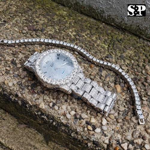 MEN HIP HOP ICED QUAVO BLING WATCH & RING & TENNIS CHAIN BRACELET COMBO ...