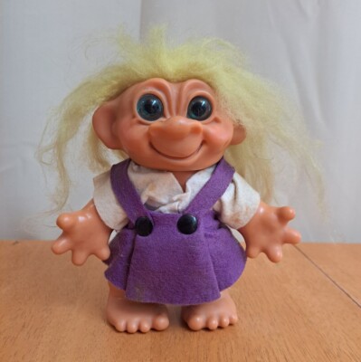 Vintage Girl Troll Bank 7" Tall Thomas Dam Yellow Hair Purple Dress ...