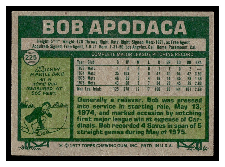1977 Topps Baseball #225 Bob Apodaca 77TBB | eBay