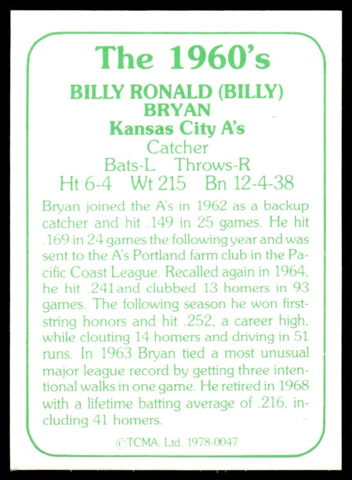 1978 TCMA The 1960's I Billy Bryan Kansas City A's #57 | eBay