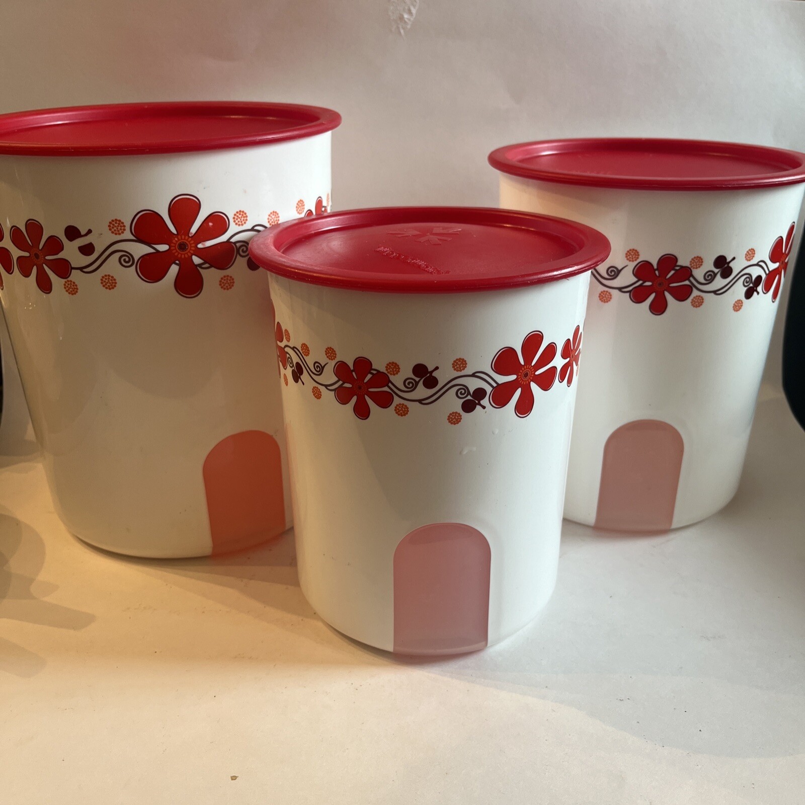 RARE Tupperware Set of 3 Window CANISTERS Red FLORAL Design Vintage | eBay