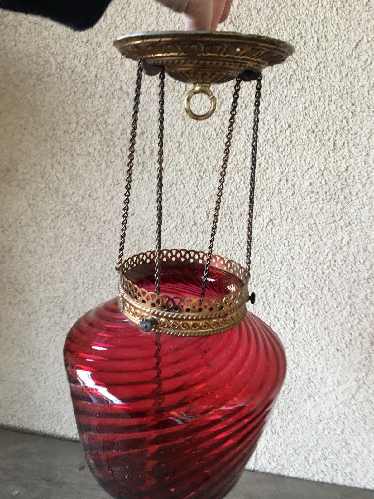 Antique Cranberry Glass Swirl Pull Down Oil Lamp Chains Parlor Hanging ...