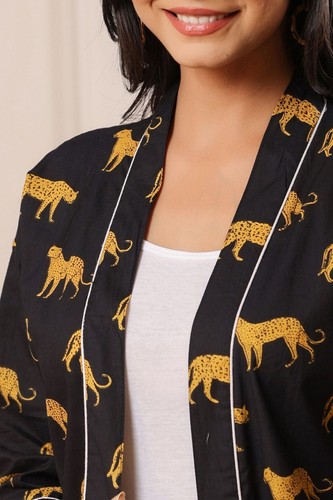 Indian Black Cotton Tiger Printed Kimono Bath Robes Night Maxi Gown ...