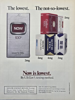 Now Cigarettes Filter 100's Lowest Tar Comparison Vintage Print Ad 1986 ...