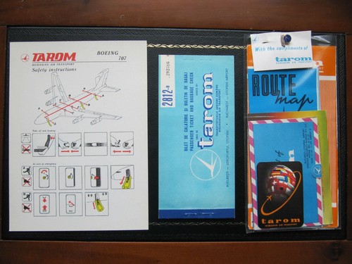TAROM safety card B-707 ticket NewYork Bucharest pin map calendar post ...