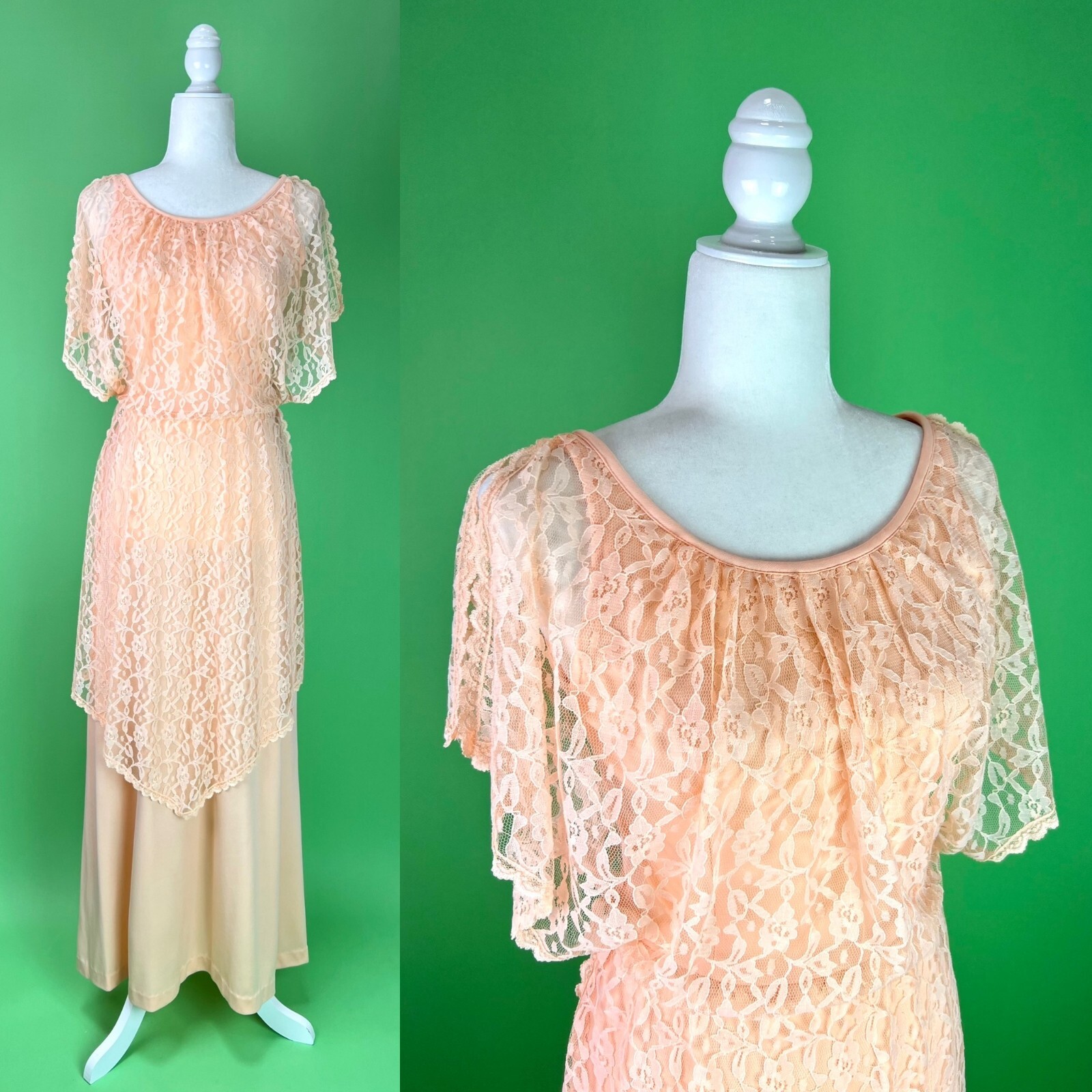 Vintage 70s Peach Lace Goddess Dress with Split Sleev… - Gem