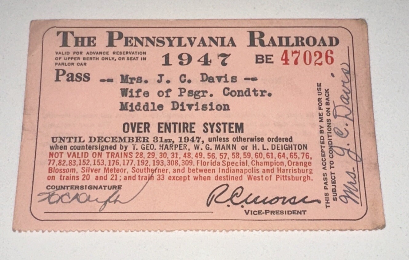 1947 Pennsylvania Railroad Ticket Stub Entire System Pass Badge Signed ...
