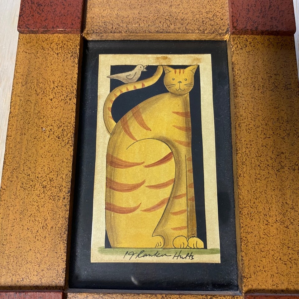 PJ Rankin Hults Folk Art Cat With Bird Primitives By Kathy Framed Art ...