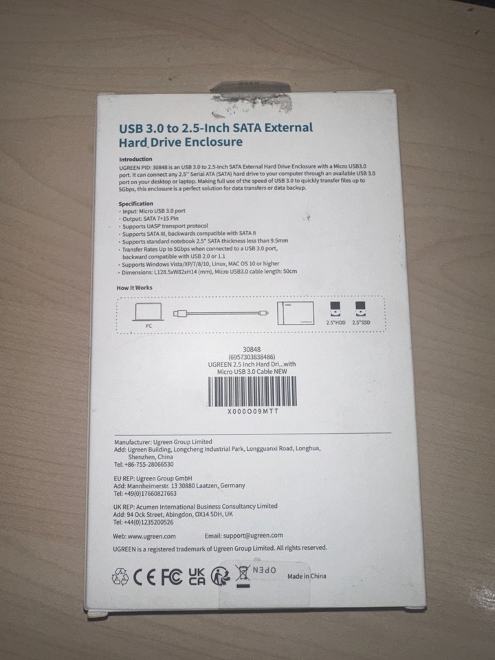UGREEN 2.5 Inch Hard Drive Enclosure, External USB 3.0 Hard Disk Case ...