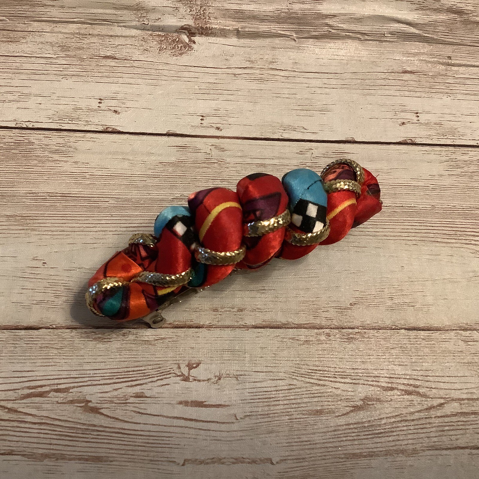 Vintage Hair Barrette Braided Fabric Colorful Multi C… - Gem