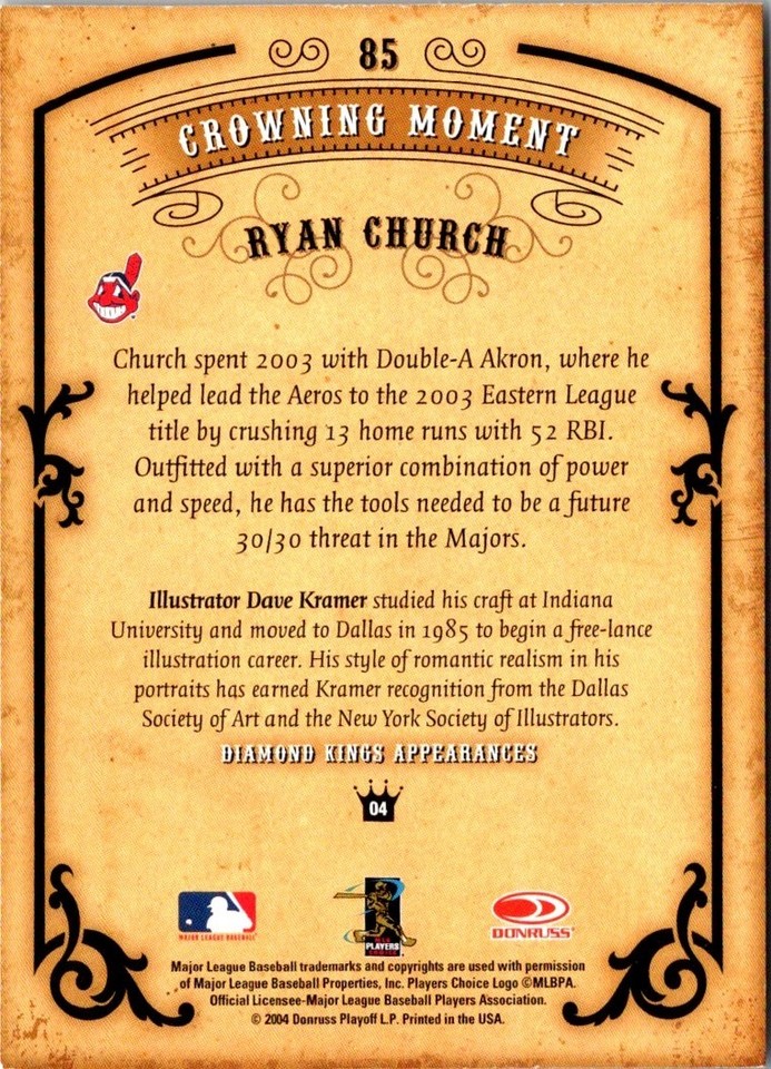 2004 Donruss Diamond Kings Ryan Church #85 Cleveland Indians Baseball ...