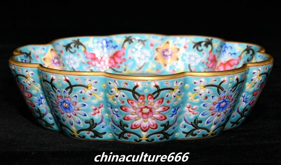 6"Qianlong Enamel Colour Porcelain Gold Foo Fu Dog Lion Pen Tray Dish ...