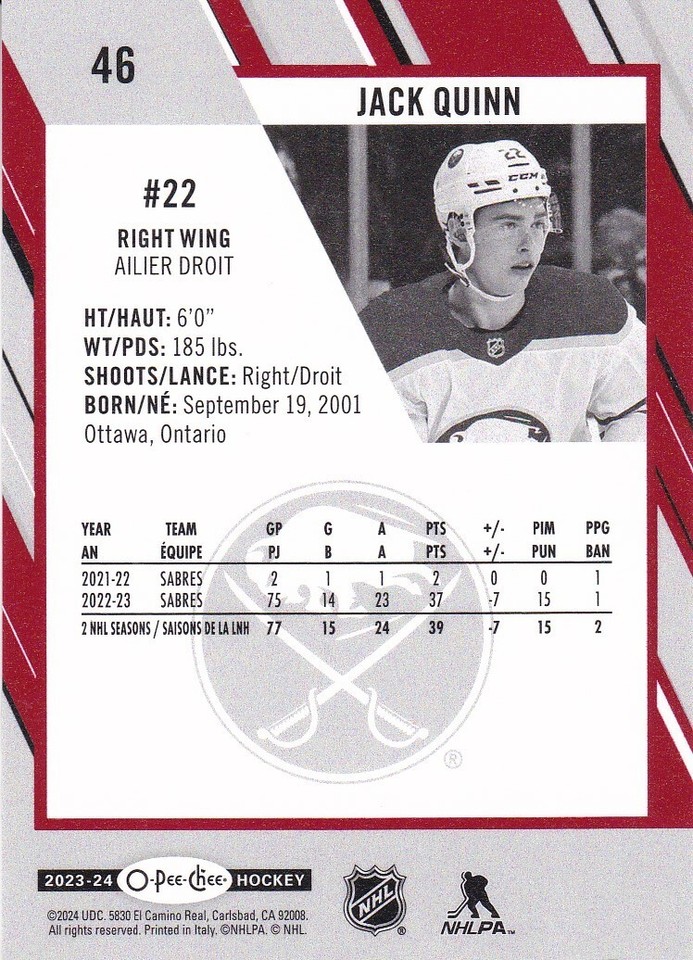 JACK QUINN 2023-24 OPC O-PEE-CHEE RED PARALLEL #46 BUFFALO SABRES | eBay