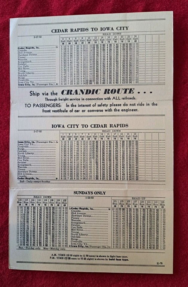 1950 CRANDIC Railway Timetable Cedar Rapids and Iowa City Vintage | eBay