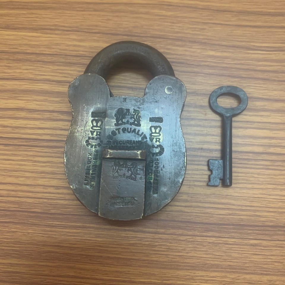 BRASS PADLOCK OR LOCK WITH KEY, OLD OR ANTIQUE, Crown marking, rich ...