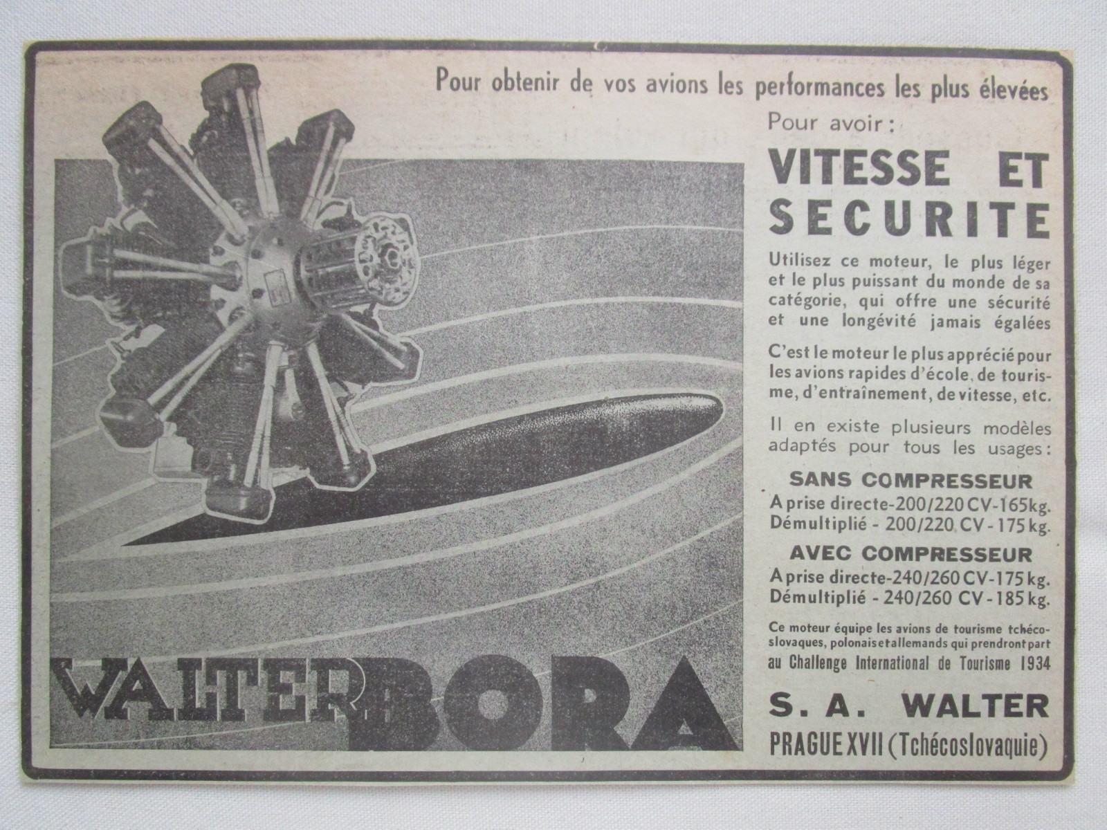 8/1934 PUB MOTEURS AVIATION WALTER BORA ENGINE PRAHA TCHECOSLOVAQUIE ...