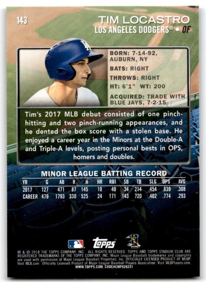 2018 STADIUM CLUB TIM LOCASTRO RC LOS ANGELES DODGERS #143 | eBay