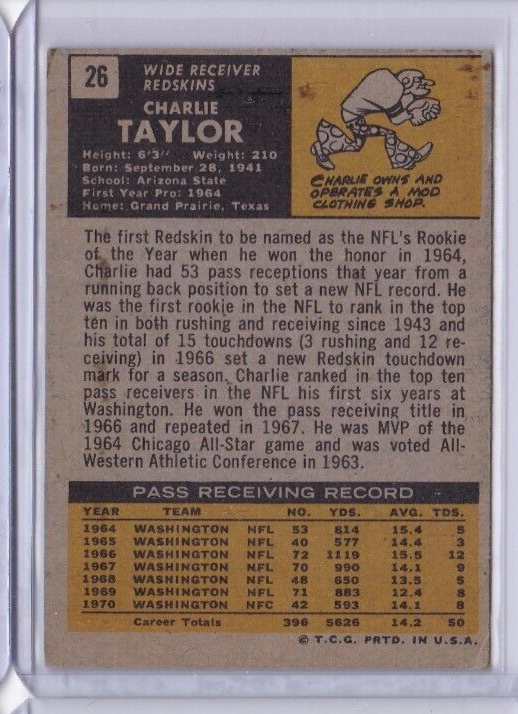 1971 Topps FOOTBALL #26 CHARLIE TAYLOR HOF WASHINGTON REDSKINS B IDBB ...