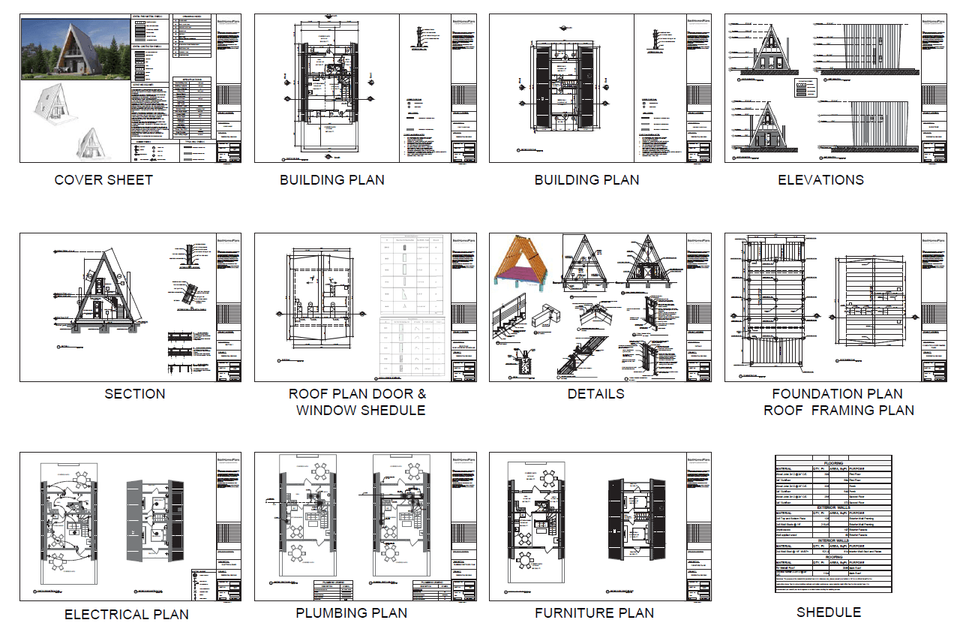 23’x50’ 1 Bed, 1 Bath Small A-Frame Cabin Architectural Build Plans PDF Download | eBay