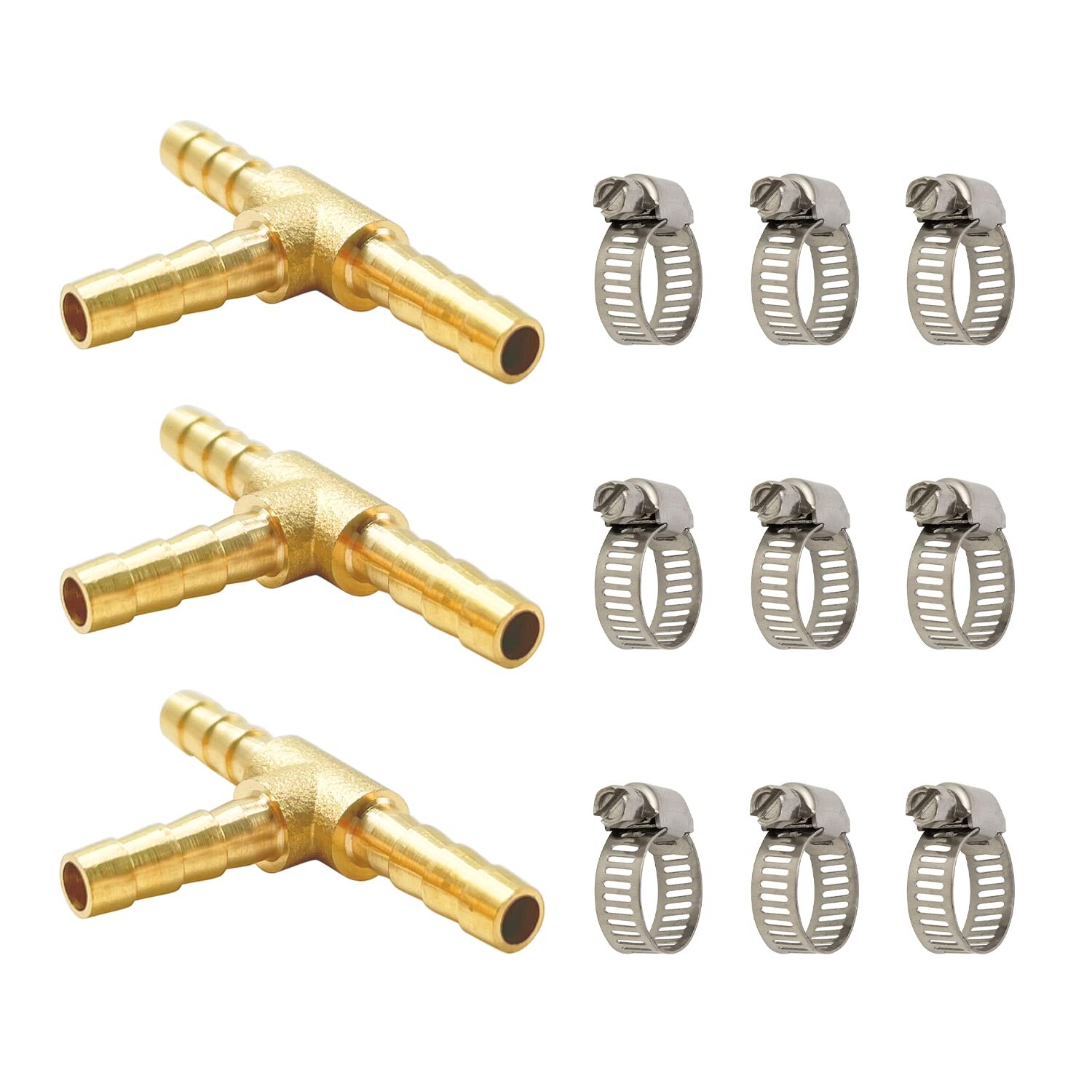 3 PCS Brass Hose Barb Tee Fittings 3 Way Union 1/4 Inch ID Clamps Water ...