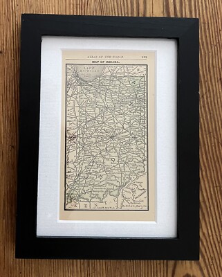 1888 Antique Framed Original Indiana State Map Tiny Indiana Vintage Map ...