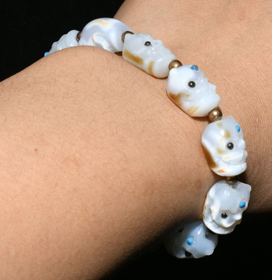 Natural Agate Onyx Inlay Gems Skeleton Skull Head Bracelet Hand Amulet ...