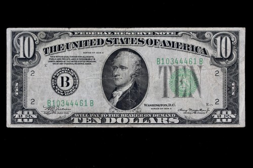 $10 1934A Mule Federal Reserve Note B10344461B ten dollar series A, NY ...