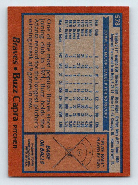 BUZZ CAPRA Atlanta Braves 1978 Topps Baseball Card B190 | eBay