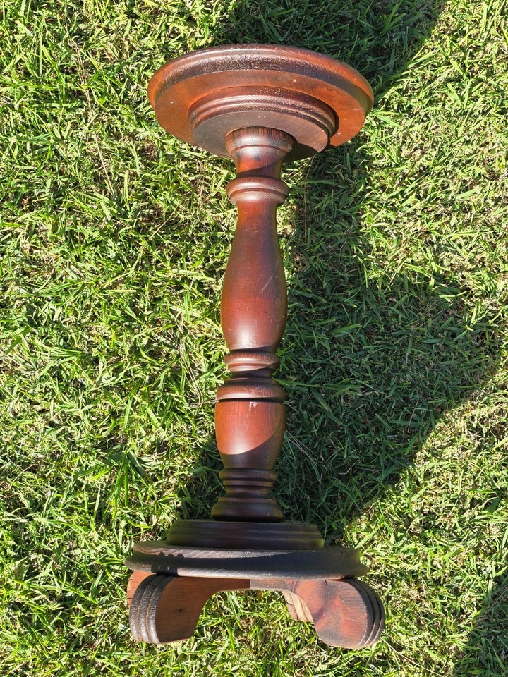 Vintage Round Pedestal Table / Spindle-Turned Stem & 4-Leg Plant Stand ...