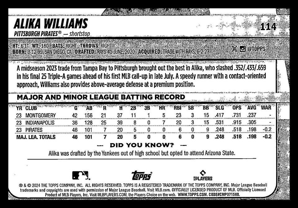 2024 Topps Big League Baseball Alika Williams #114 Pittsburgh Pirates ...
