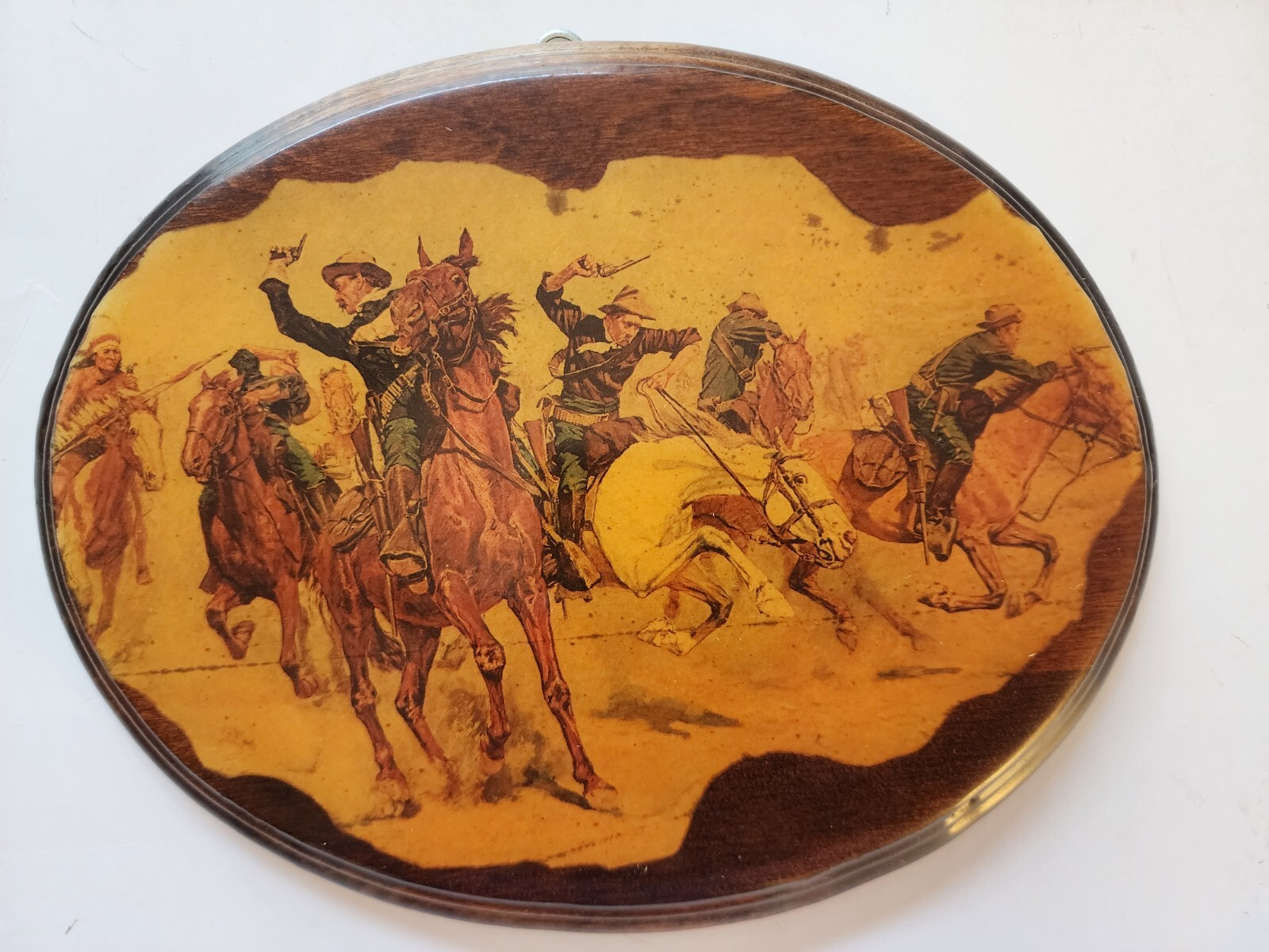 Vintage Western cavalry battle art, lacquered, wooden plaque, 9 1/2 ...