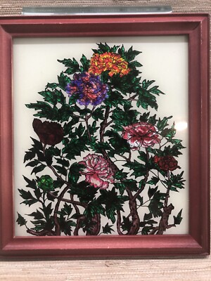 Vintage Reverse Painting On Glass Tinsel Foil Folk Art Floral Bush | eBay