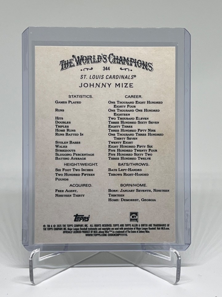 2025 Topps Allen & Ginter Johnny Mize #344 Short Print St. Louis ...