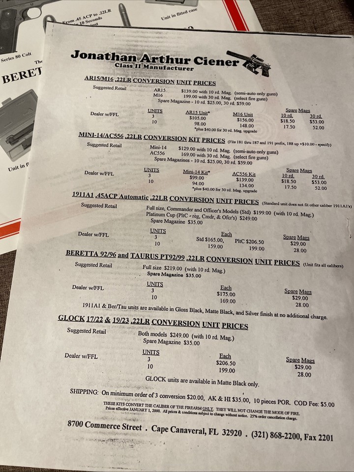 Original Jonathan Arthur Ciener 1990’s Catalog Brochure .22LR ...