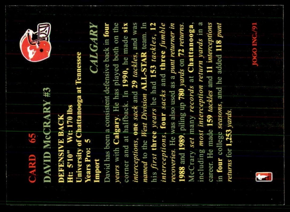 1991 All World CFL David McCrary Rookie Calgary Stampeders #65 | eBay