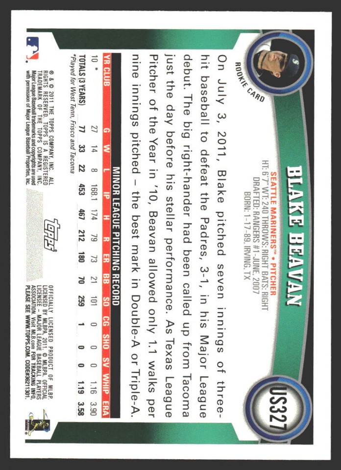 Blake Beavan #US327 2011 Topps Update Target Red Border Mariners RC ...